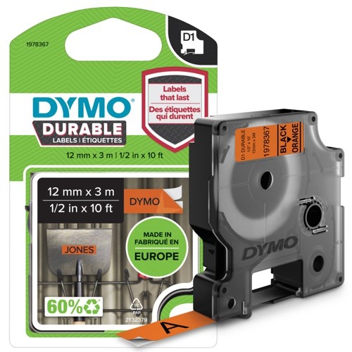 Buy Dymo 1978367 D1 Durable 12mm x 3M Tape Black on Orange - 1978367 ...