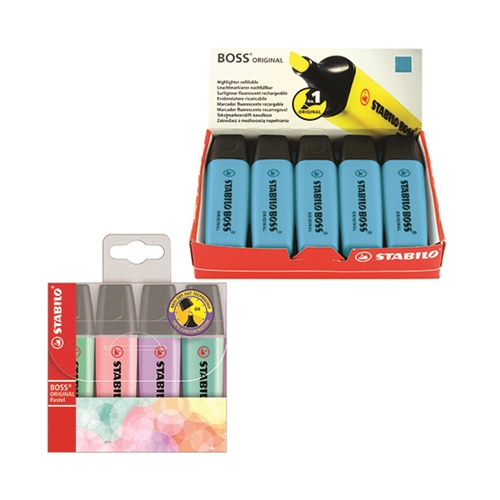 Stabilo Boss Original Highlighters Blue x10 FOC x4 Highlighters Pastel ...