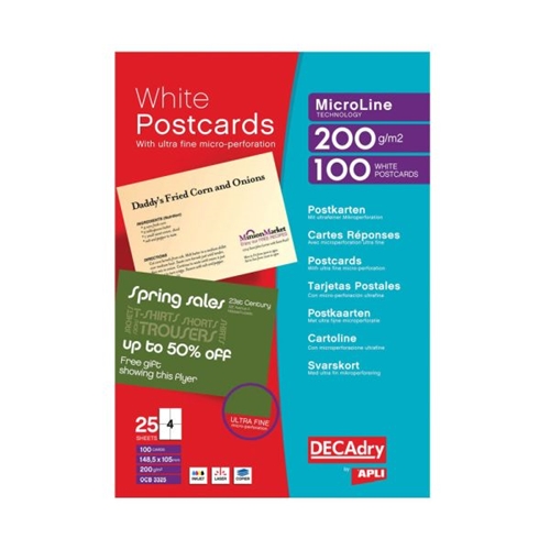 DECAdry Postcards 148.5x105mm 4 Per Sheet 200gsm Micro Perforated White ...